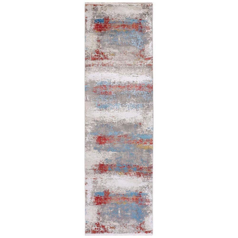 HomeRoots 3 X 10 Gray, Blue, Red Abstract Runner Rug 2000566057 - The ...