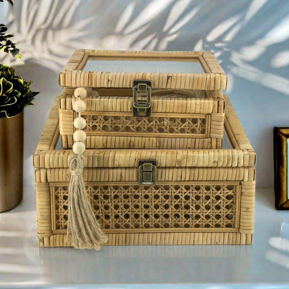 Angel Sar 11 in. x 5 in. Wicker Brown Decorative Box (Set of 2) with ...