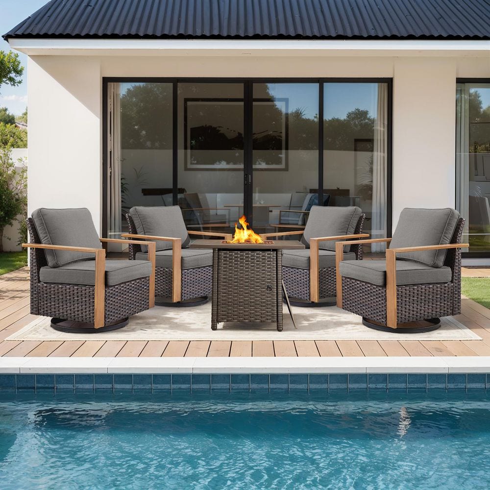 Pocassy 5-Piece Brown Wicker Outdoor Patio Conversation Sets Patio ...