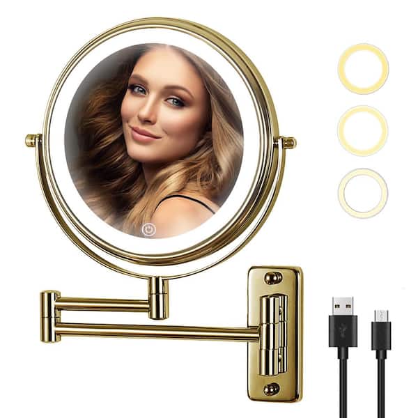 yulika 8 in. W x 8 in. H Round LED Metal wall Miror 7x Magnification ...