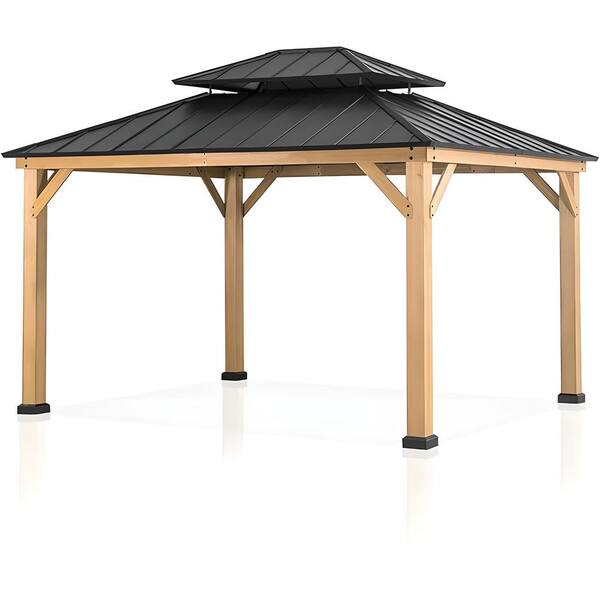 11 ft. x 13 ft. Solid Cedar Wood Gazebo with Dual-Layer Iron Roof, Dual ...