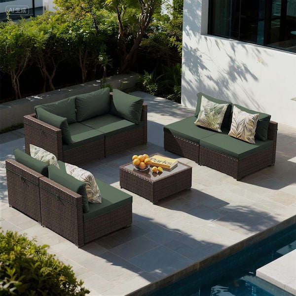 UPHA 7-Piece Wicker Sectional Seating Group with Green cushions ...