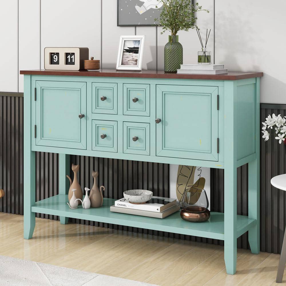 LUCKY ONE 46 in. Retro Blue Rectangle Acacia Wood Console Table with 4 ...