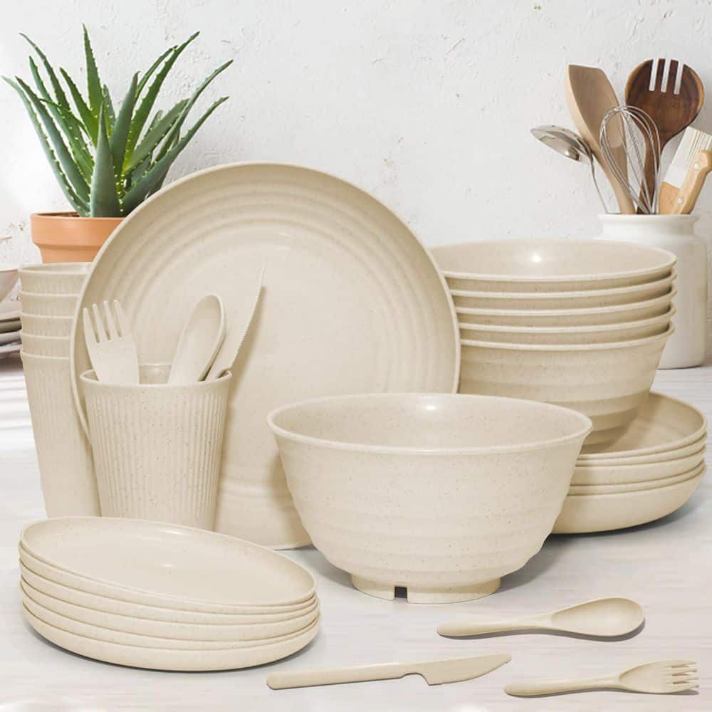 Wudkey 42-Piece Beige Wheat Straw Dinnerware Sets for 6, Kitchen Cups ...