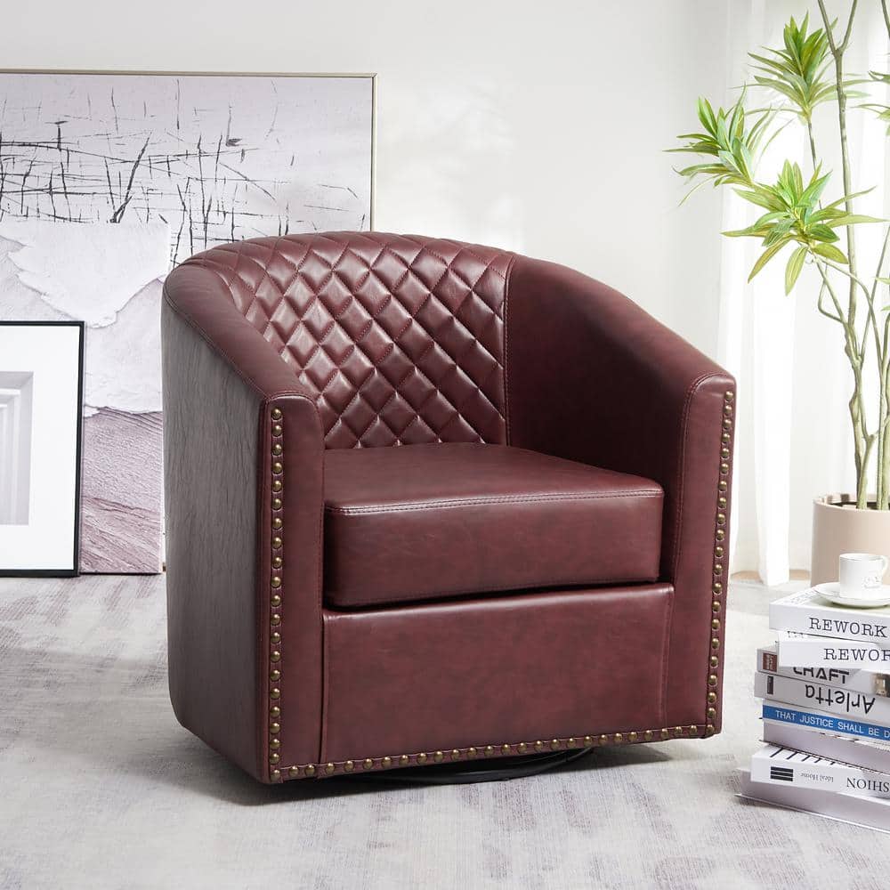 KINWELL Modern Red Small Swivel Faux Leather Tufted Upholstered Barrel ...