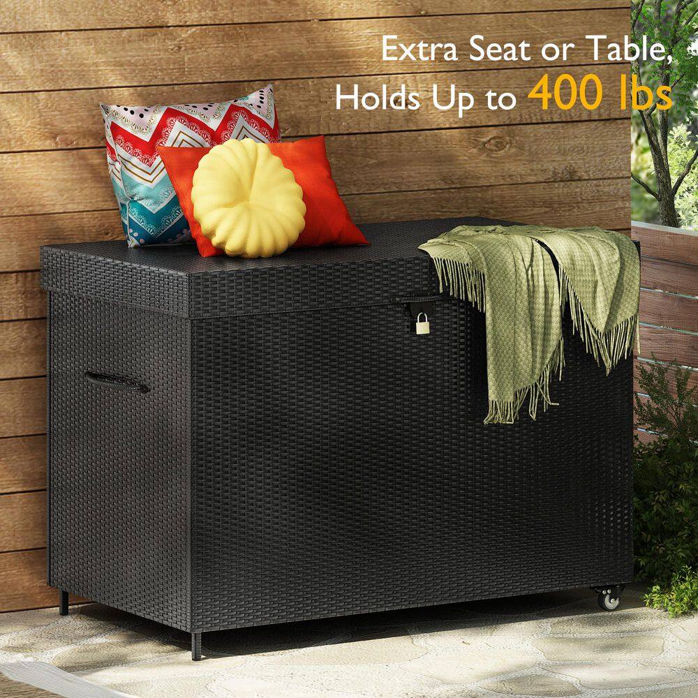 230 Gallon Wicker Deck Box with Wheels, All-Weather Outdoor Storage Box ...