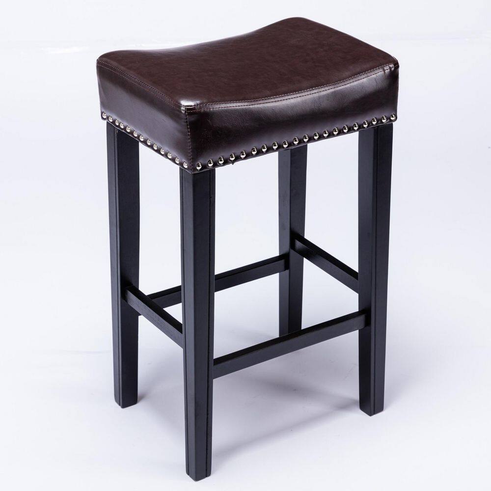 Huluwat 29 in. Brown Backless Wood Frame Bar Stool with Faux Leather ...