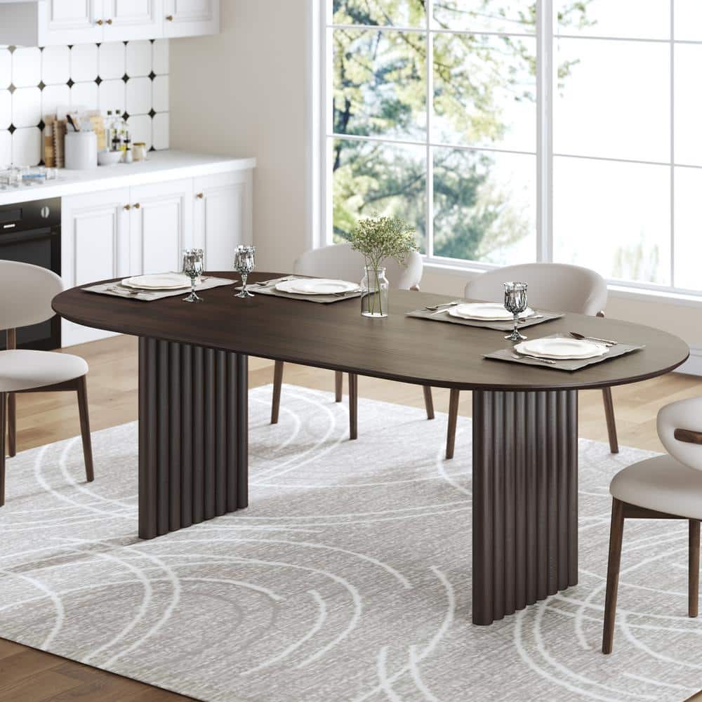 Lirago Oval Walnut Solid Wood 79 in. Kitchen Tables Double Pedestal ...