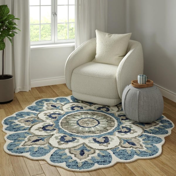 Daliah Ivory/Teal 4 ft. Round Bohemian Hand-Tufted Floral Wool Indoor ...