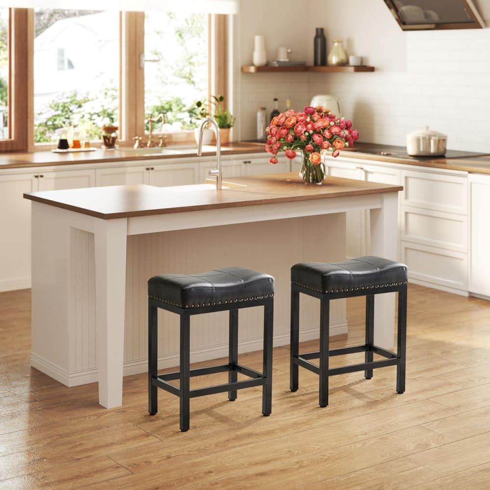 WONDER COMFORT 24 in. H Black Upholated PU Leather Thick Saddle Seat Counter Bar Stools Set of 2 ...