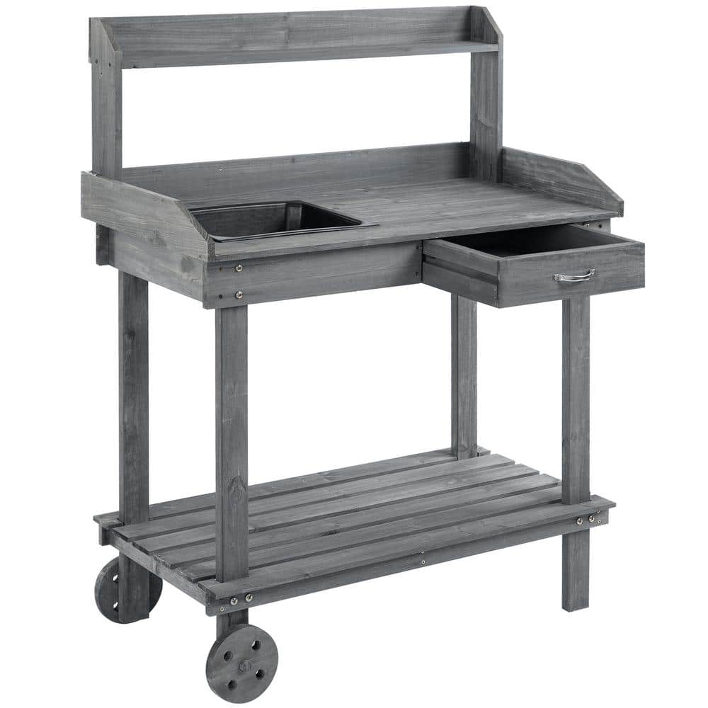 Huluwat 36 in. W x 46 in. H Gray Wooden Potting Bench Work Table with 2 ...