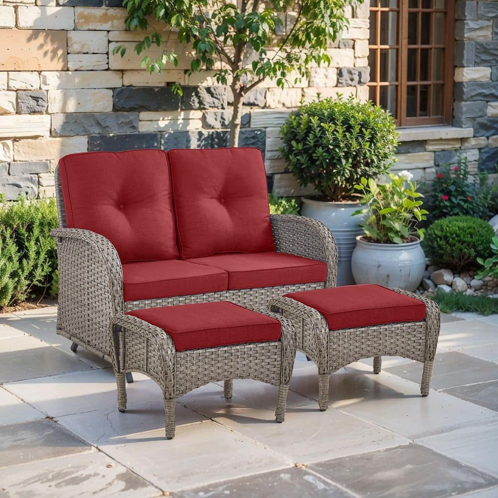 moosprr SleekArm Gray PE Wicker Outdoor Loveseat with Olefin Red ...