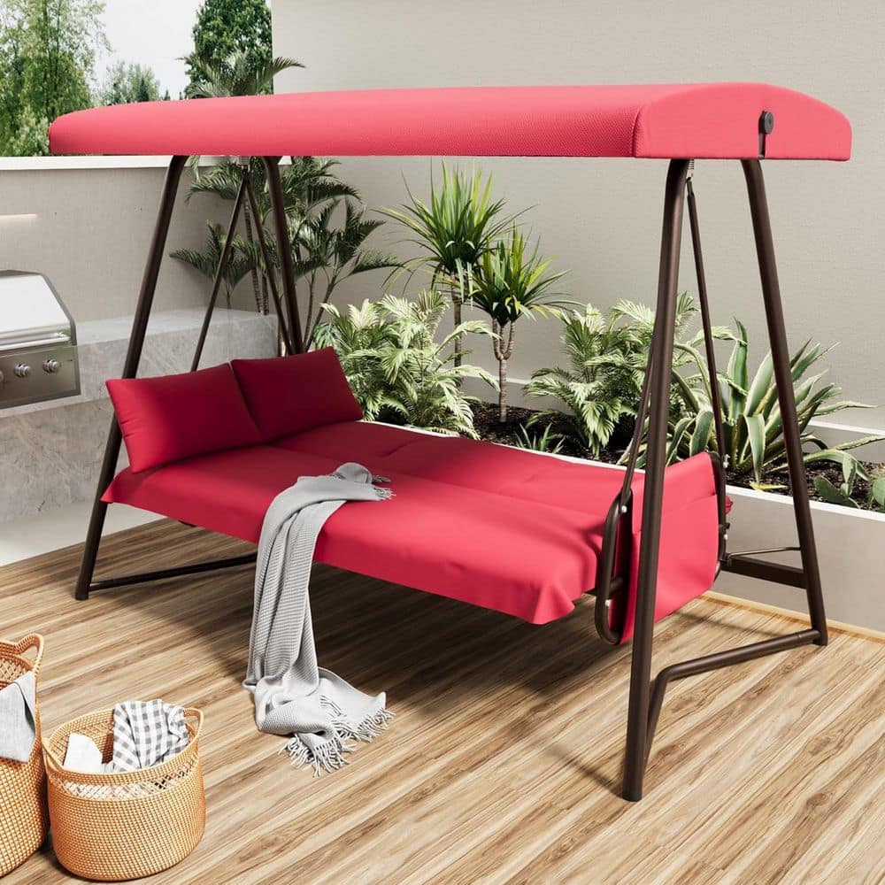 AUTMOON 770 lbs. Outdoor Porch Swing, 3 Person Adjustable Backrest ...