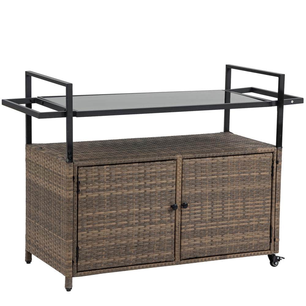 Zeus & Ruta Light Brown Wicker Outdoor Serving Bar with Glass Top, 2 ...