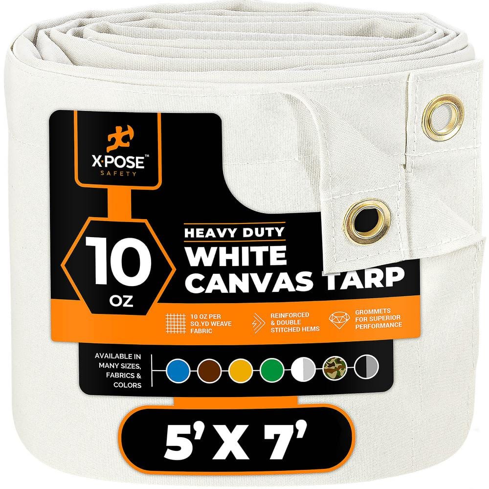 XPOSE SAFETY Canvas Heavy Duty 5 ft. W X 7 ft. L White 10 oz. Tarp ...