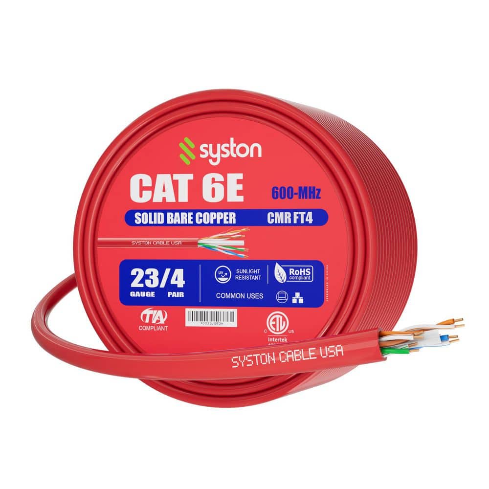 Syston Cable Technology 50 ft. Red CAT 6E CMR-Riser 600MHz 23AWG Solid Bare Copper Ethernet ...