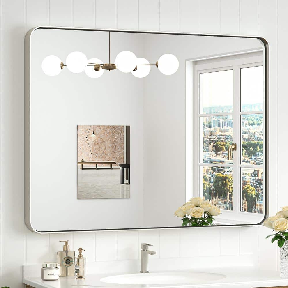 KeonJinn 40 in. W. x 30 in. H Modern Rectangular Brushed Nickel ...