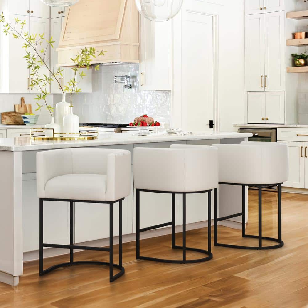 Jessica 26 in. Antique White Modern Counter Bar Stool Fabric Upholstered Barrel Counter Stool w Metal Frame Set of 3