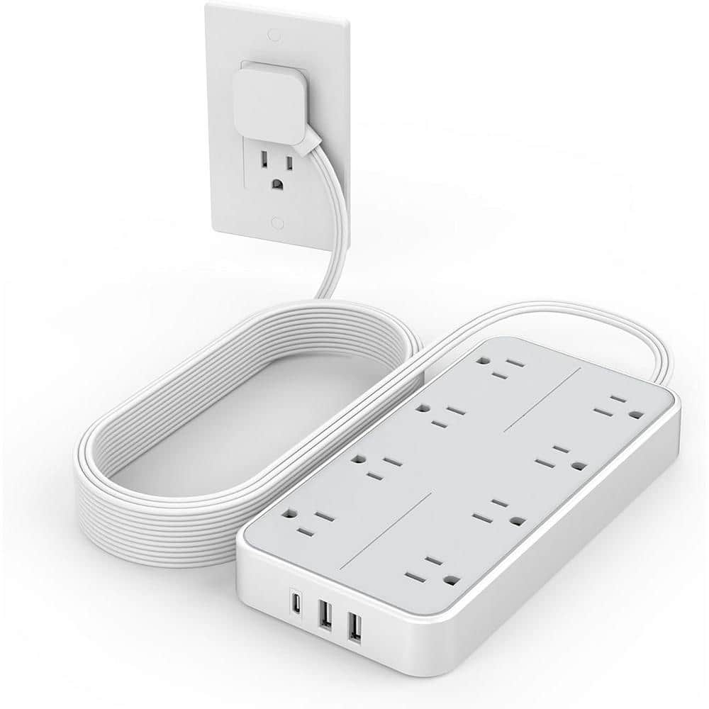 Yichuhaoxi Flat Plug 15 ft. Extension Cord Surge Protector Power Strip with 8 AC and 3 USB(1USB ...
