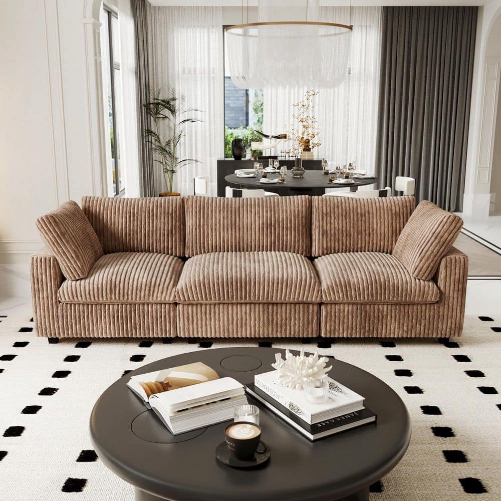 Magic Home 118 in. Square Arm 3-Piece Soft Faux Rabbit Fur Velvet Modular Sectional Sofa Cloud ...