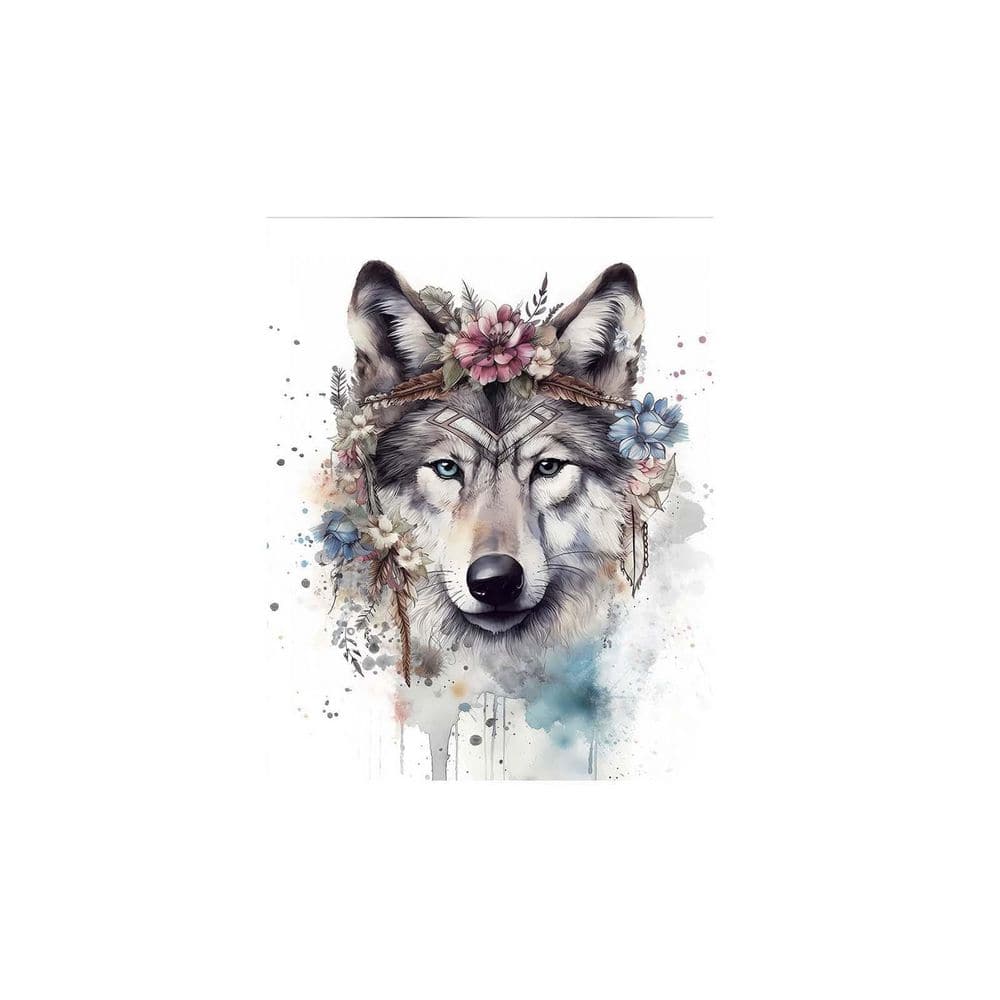 Modern Wolf Canvas Wall Art Forest Wolf w/ Totem Floral Crown ...
