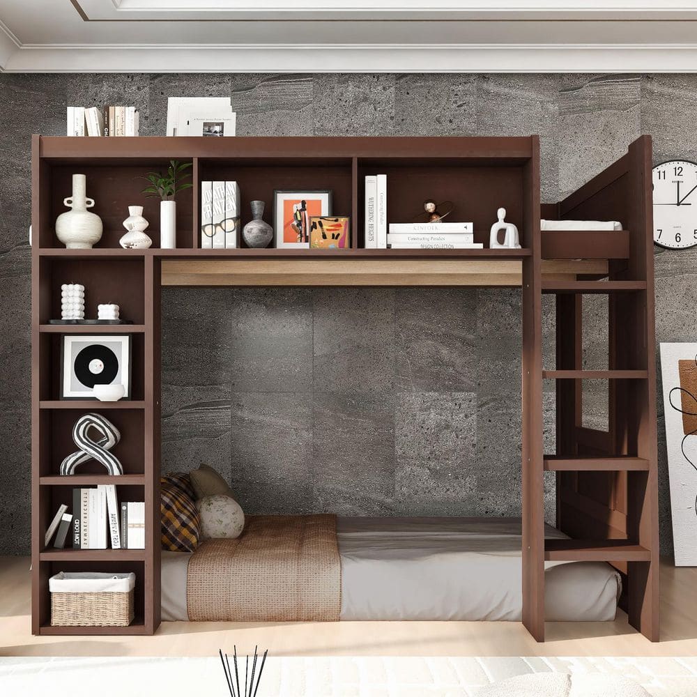 Noble House Corlan Modern Brown Queen Size Wooden Loft Bed with Storage ...