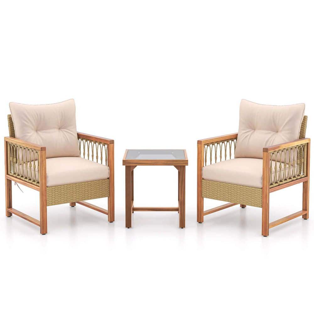 Gymax 3-Pieces Furniture Set Patio PE Wicker Conversation Bistro Set ...
