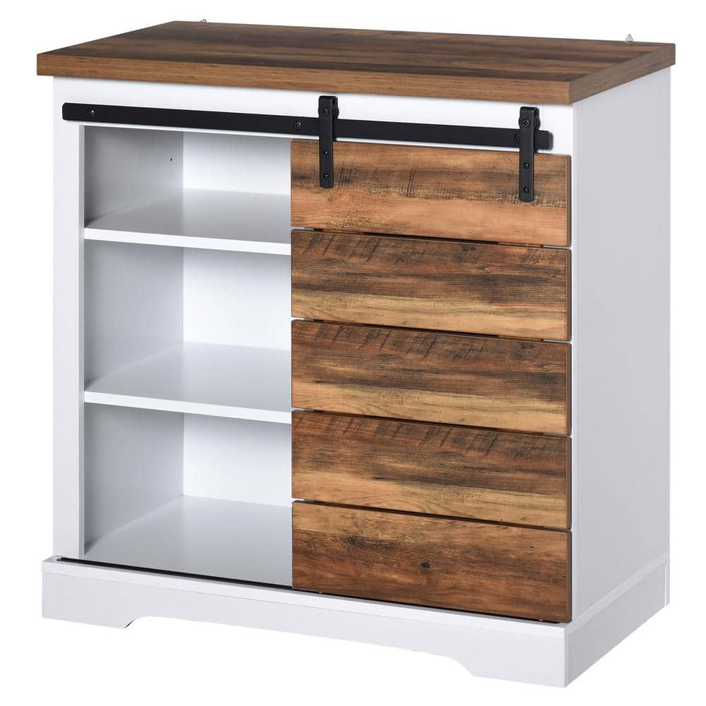 HOMCOM White/Brown Side Cabinet with Sliding Barn Door and Interior ...