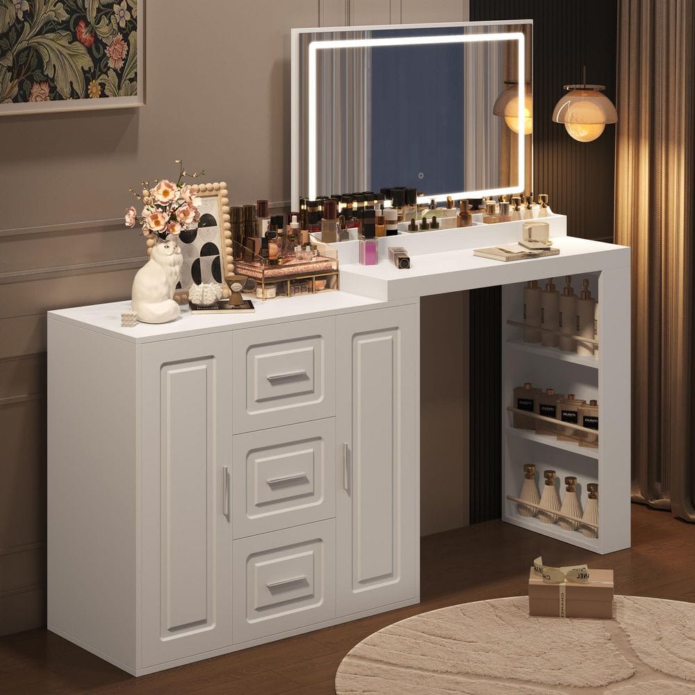 Harper & Bright Designs 59 in. Luxe White Makeup Vanity Desk with LED ...