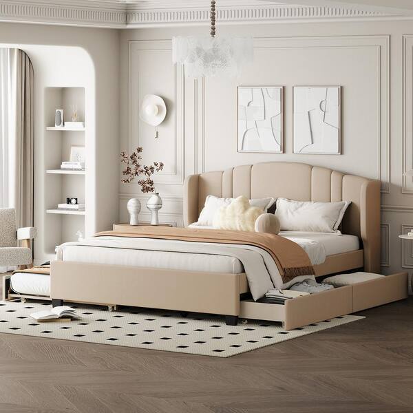 Harper And Bright Designs Beige Wood Frame Queen Size Linen Upholstered