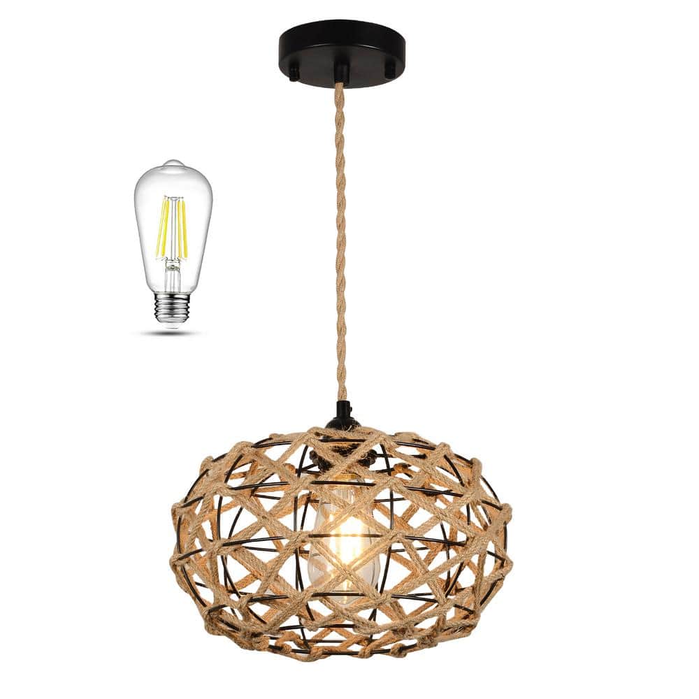 Tatahance 60-Watt Integrated LED Brown Hemp Rope Cage Pendant with LED ...