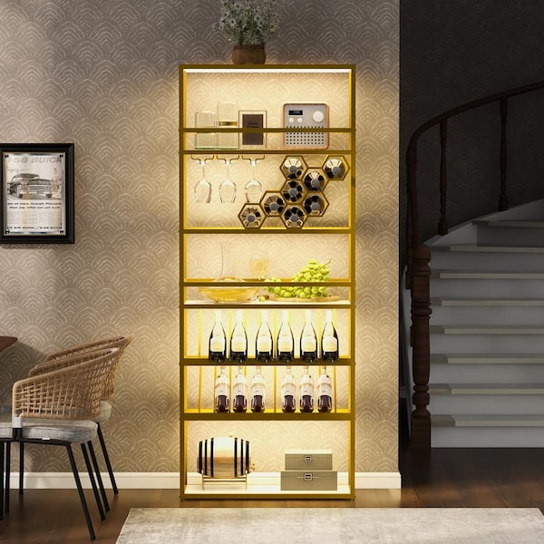 LORDEAR 24-Bottles 6-Tier Gold Freestanding LED Wine Rack for Living ...