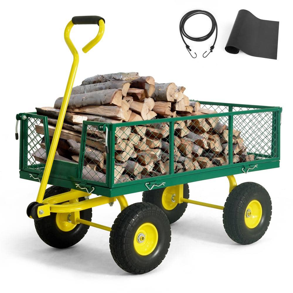 CAPHAUS 4 cu. ft. Metal Green Garden Cart, with 180° Adjustable Yellow ...