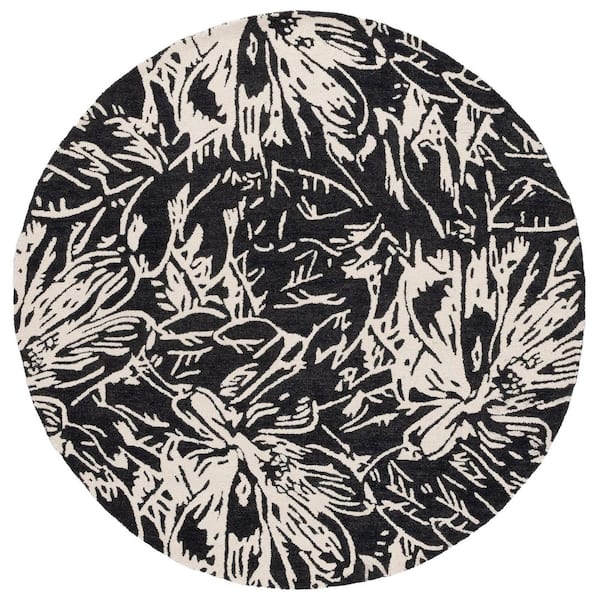 SAFAVIEH Jardin 6 ft. x 6 ft. Black/Ivory Abstract Floral Round Area ...