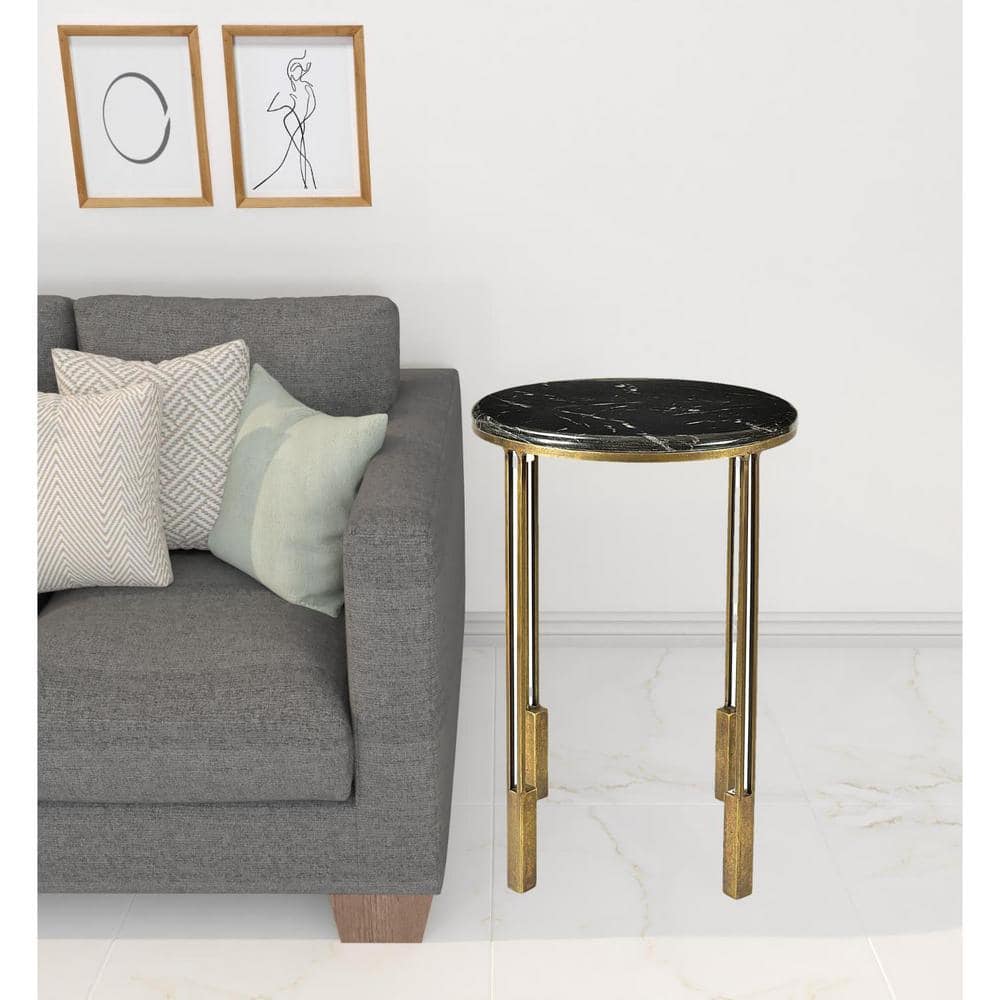 HomeRoots 16 in. Black and Gold Round Marble End Table 2000488553 - The ...