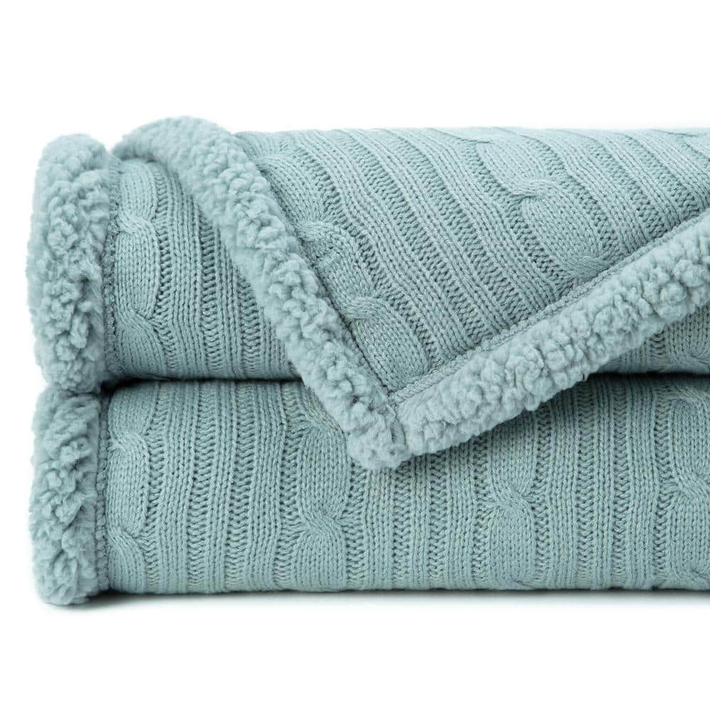 CHANASYA Cable Knit Mint Polyester Throw Blanket with Reversible Sherpa ...