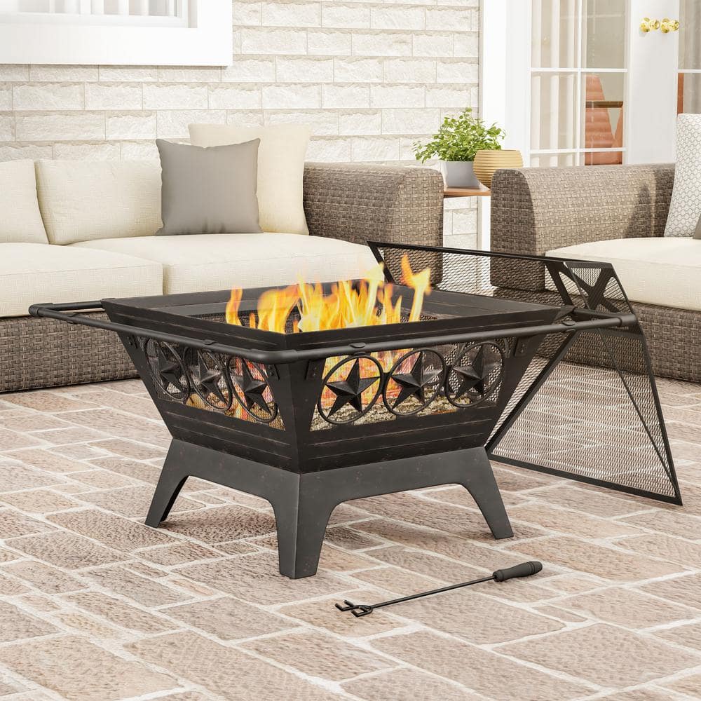 Pure Garden 32 in. W x 27 in. H Square Steel Wood Burning Outdoor Deep ...