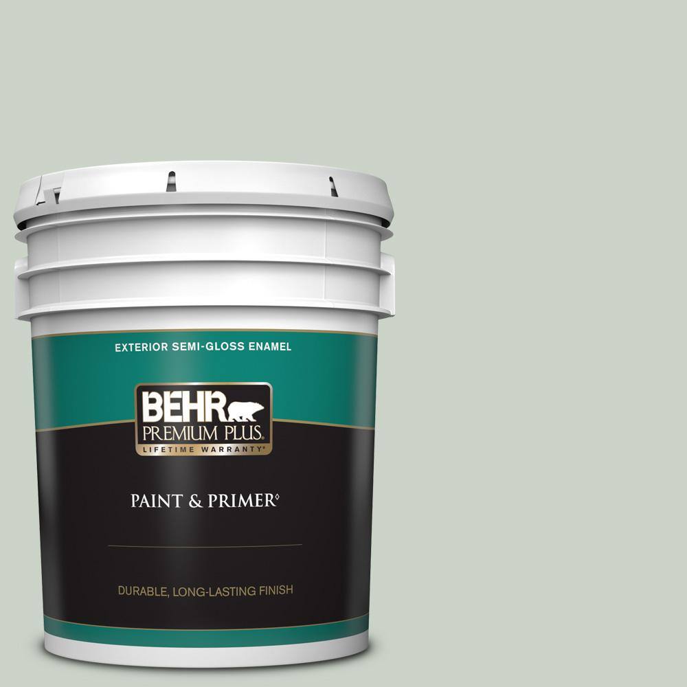 BEHR PREMIUM PLUS 5 gal. #MQ3-48 Shy Green Semi-Gloss Enamel Exterior ...