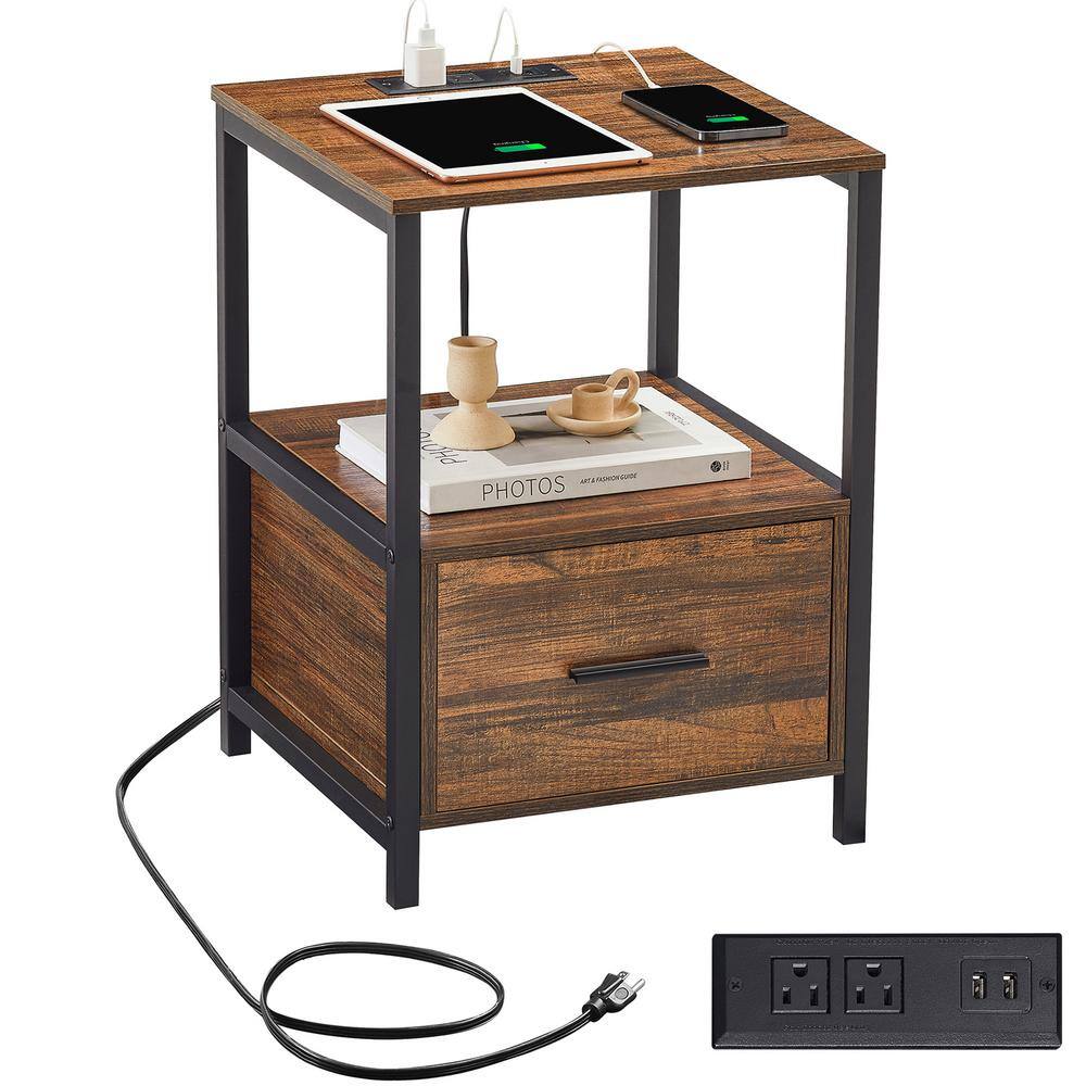VECELO Nightstand with Charging Station End/Side Table with Storage ...