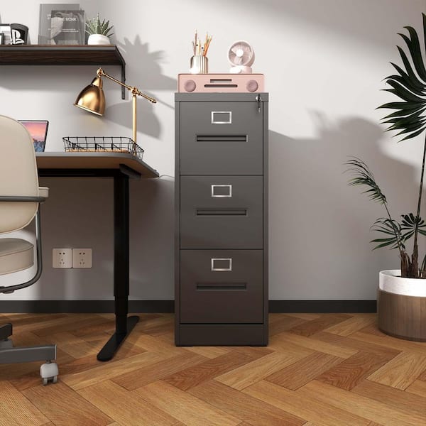 3-Drawer Black Metal 14.96 in. W Locked Vertical File Cabinet Narrow ...