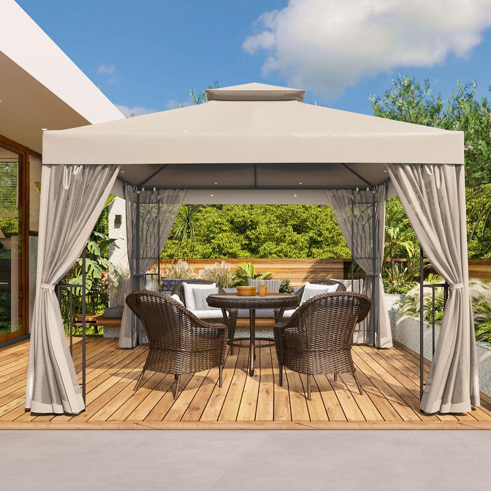 COOS BAY 10 ft. x 10 ft. Beige Double Roof Soft Top Outdoor Gazebo with ...
