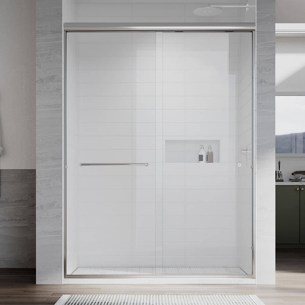 UNIKOO UKD07N 56 to 60 in. W x 76 in. H Double Sliding Semi-Frameless Shower Door in Chrome ...