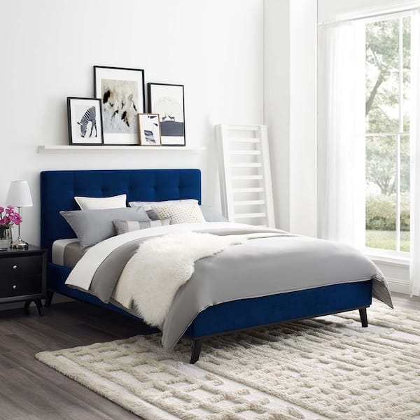 MODWAY McKenzie Blue Wood Frame Queen Platform Bed with Tufted ...