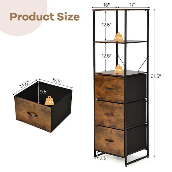 Costway Vertical Rustic Brown 3 Drawer Dresser w 3 Shelves Tall Storage Tower Chest Freestanding JZ 10N06798 The Home Depot
