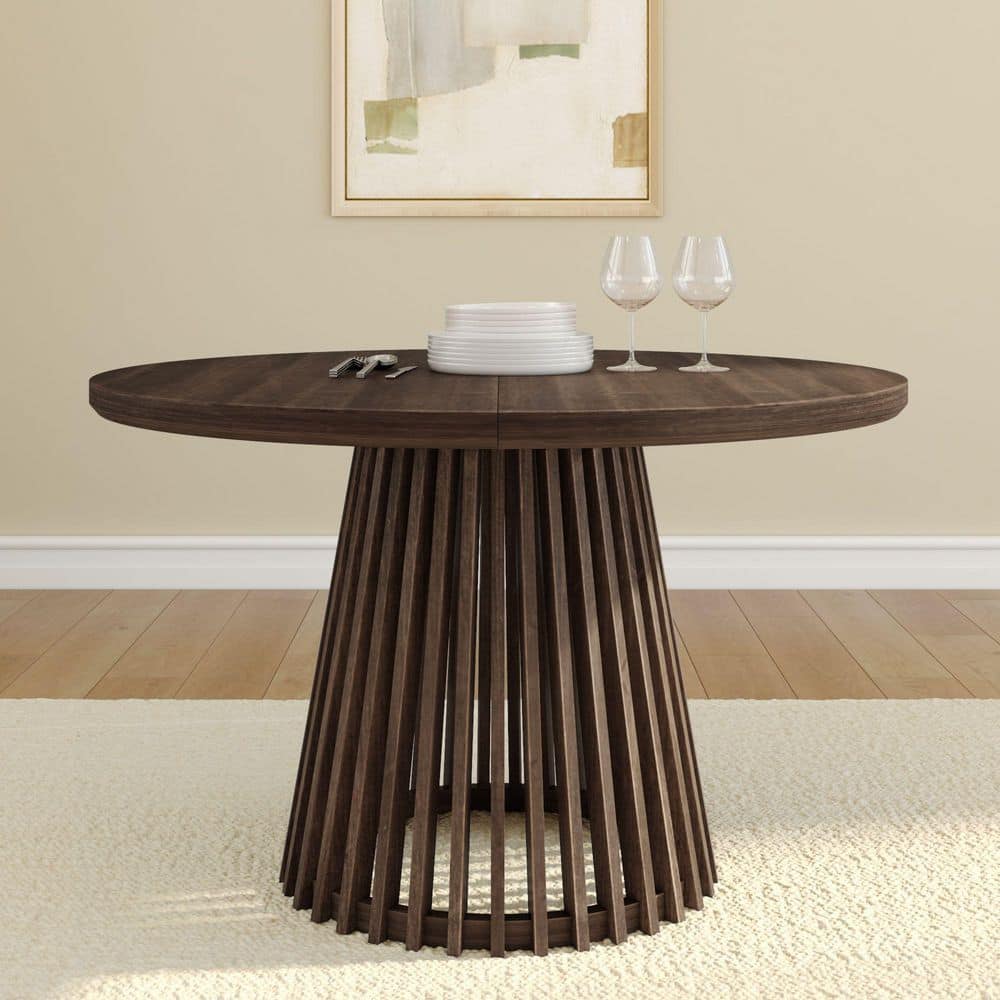 PLANK+BEAM Lido Modern Round Walnut Wood 47 in. Pedestal Dining Table ...