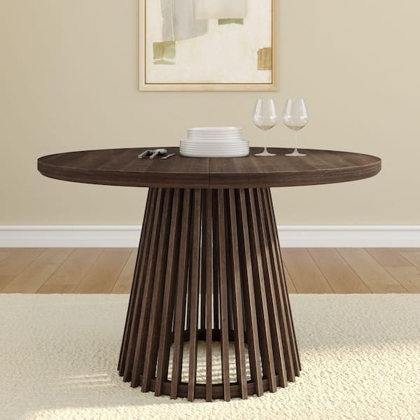 PLANK+BEAM Lido Modern Round Walnut Wood 47 in. Pedestal Dining Table Seats 4 3500307000-008 ...