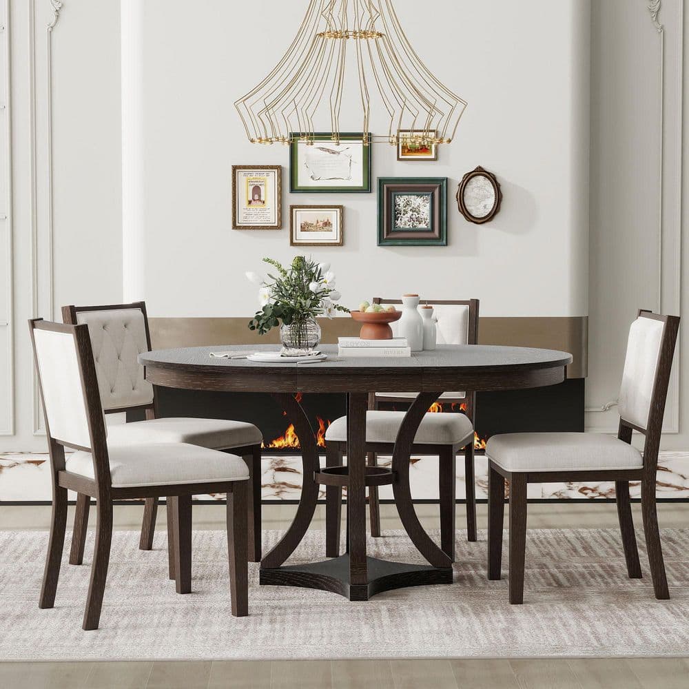 Harper & Bright Designs Espresso Retro 5-Piece Extendable Round Wood ...