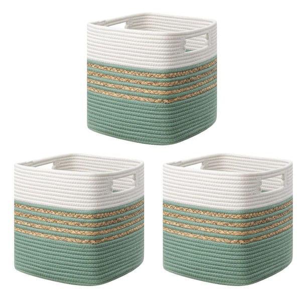 Green 13 in. x 13 in. Cotton Decorative Basket (Set of 3) with Handles ...