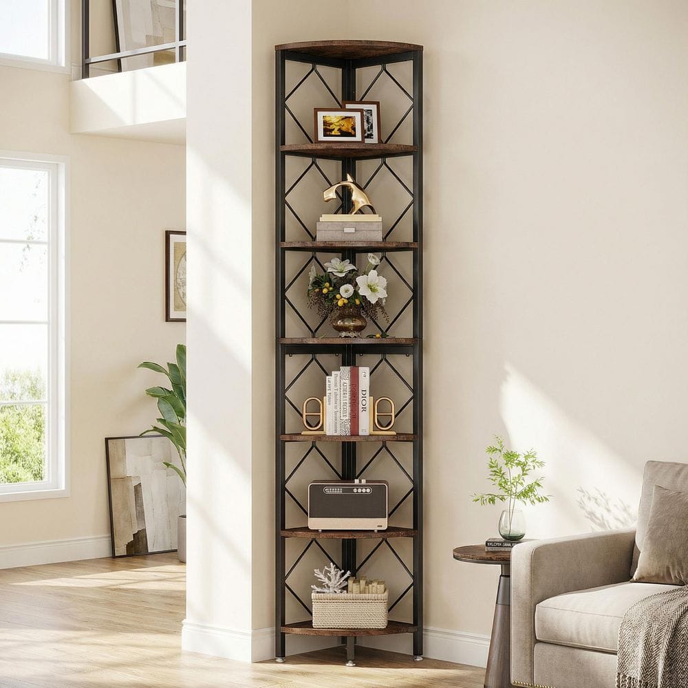 BYBLIGHT Eulas 78.7 in. Tall Brown 7-Tier Wood Corner Bookcase with ...