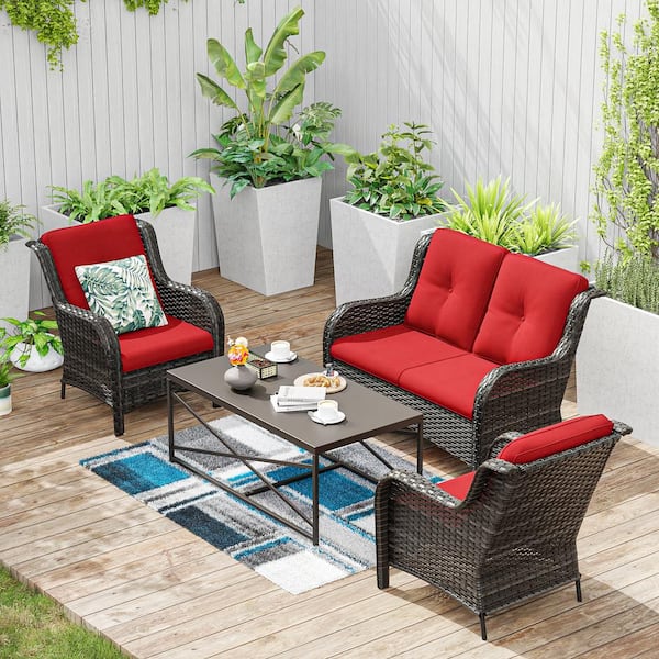 JOYSIDE 4-Piece Wicker Patio Conversation Set and Chairs with Red ...